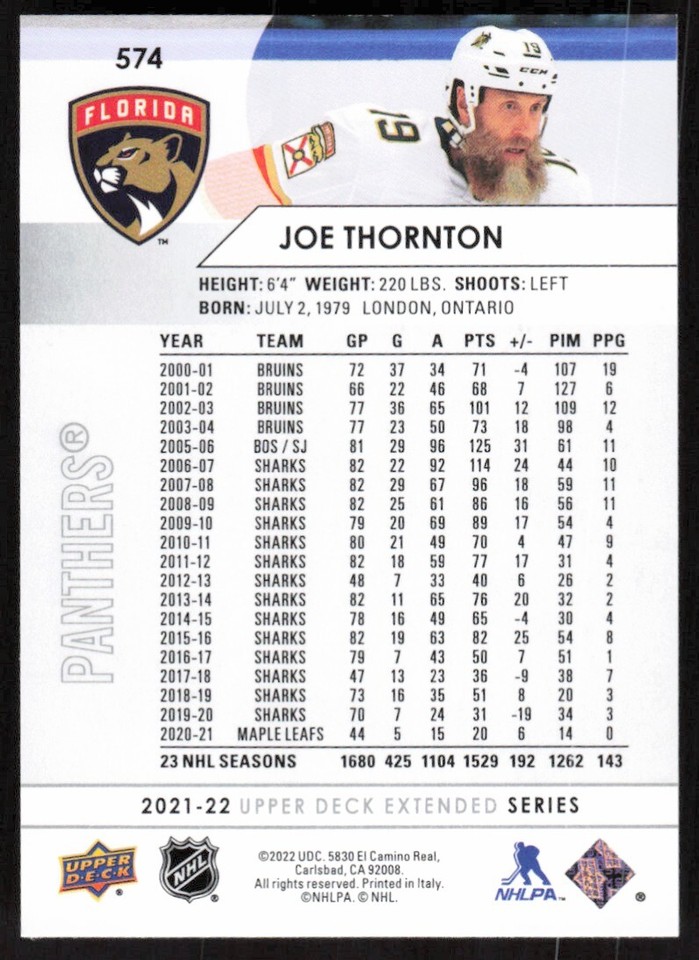 2021-22 Upper Deck #574 Joe Thornton Florida Panthers | eBay
