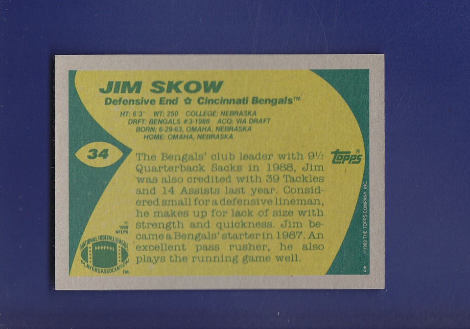 Jim Skow RC 1989 Topps NFL Football #34 (MINT) Cincinnati Bengals | eBay