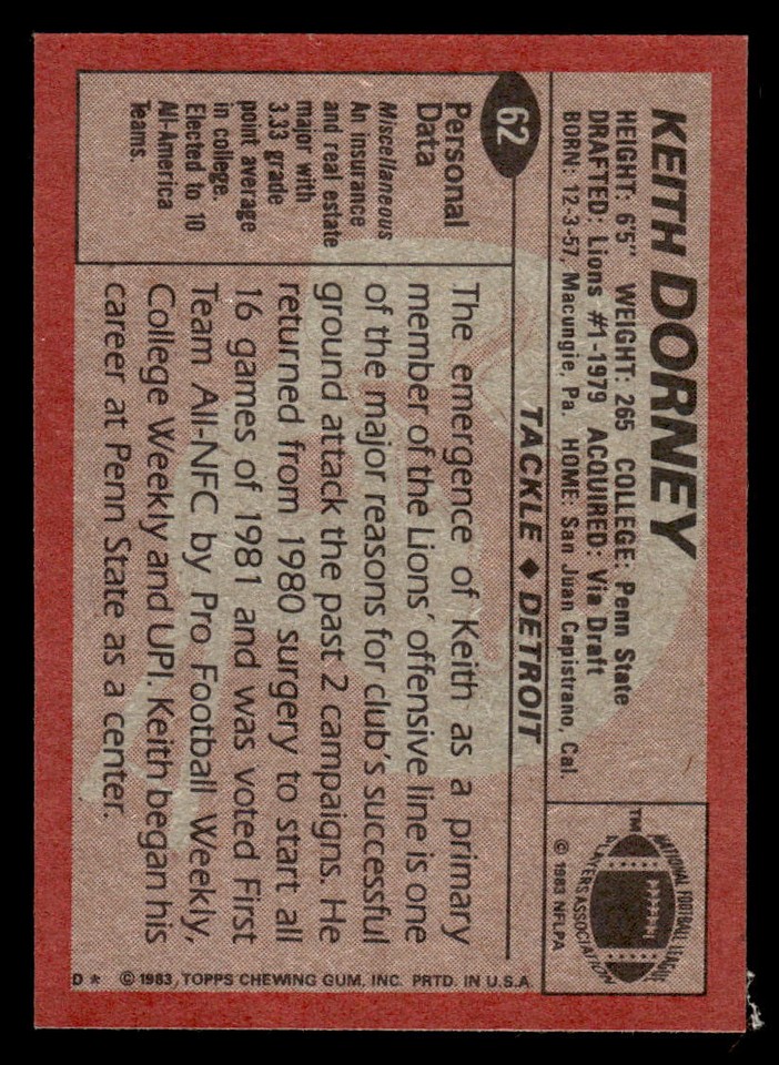 1983 Topps RC #62 Keith Dorney Rookie | eBay