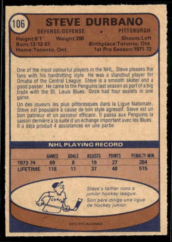 1974-75 O-Pee-Chee Steve Durbano #106 | eBay