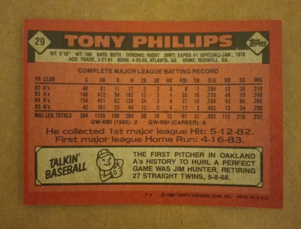 1986 Topps TONY PHILLIPS Baseball Card #29. OAKLAND ATHLETICS. | eBay