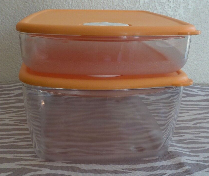 Tupperware Rectangle Rock N’ Serve Set Sheer w/ Orange Seals Set of 2 ...