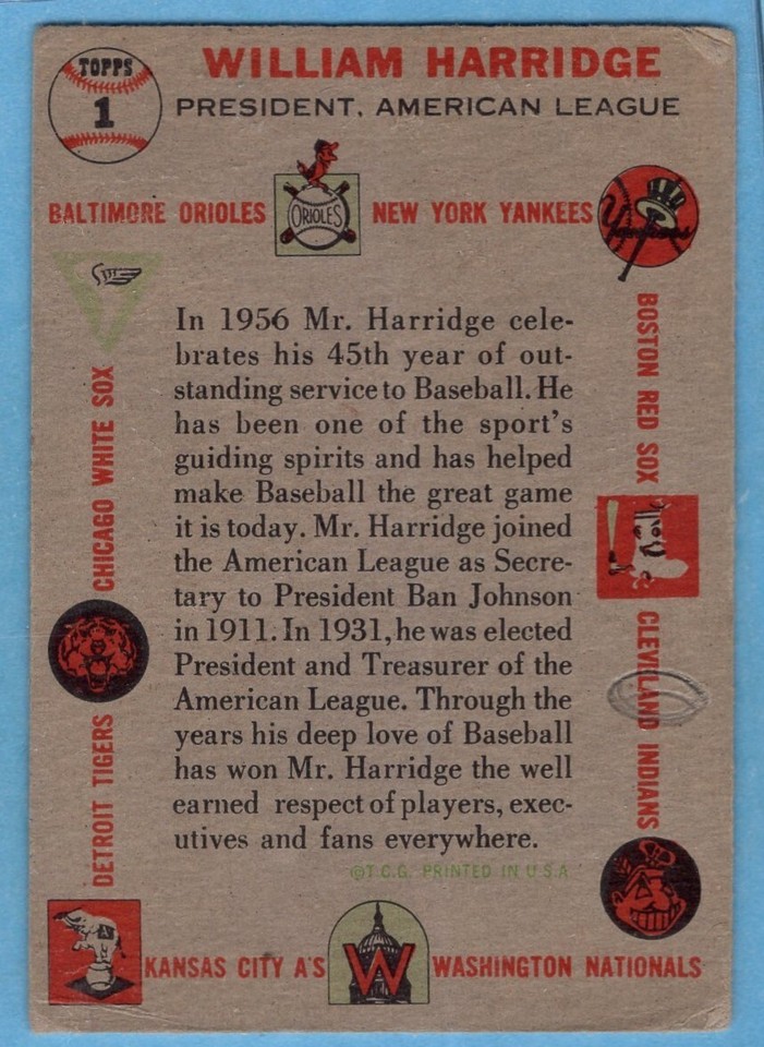 1956 Topps #1 William Harridge VG CREASE MARKED President American ...