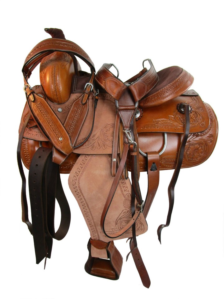 WESTERN HORSE TRAIL SADDLE PLEASURE TOOLED LEATHER BROWN TACK SET 18 17 ...