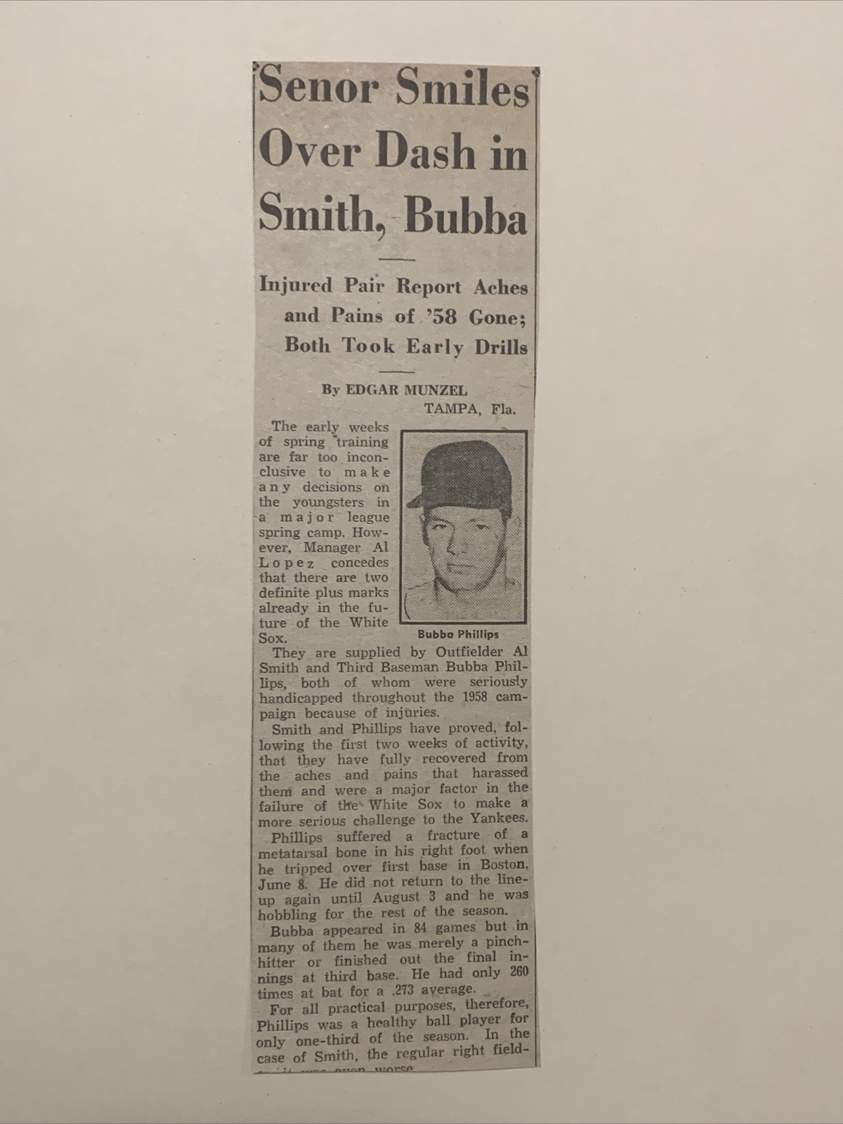 Bubba Phillips Chicago White Sox 1959 Sporting News Baseball 2X7 Panel ...
