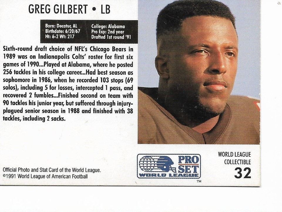 Greg Gilbert- 1991 Pro Set World League Football- #32 San Antonio ...