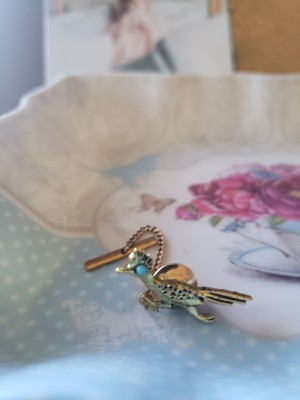 Midcentury Vintage Gold Tone & Turquoise Roadrunner Tie Tack Clip Chain ...