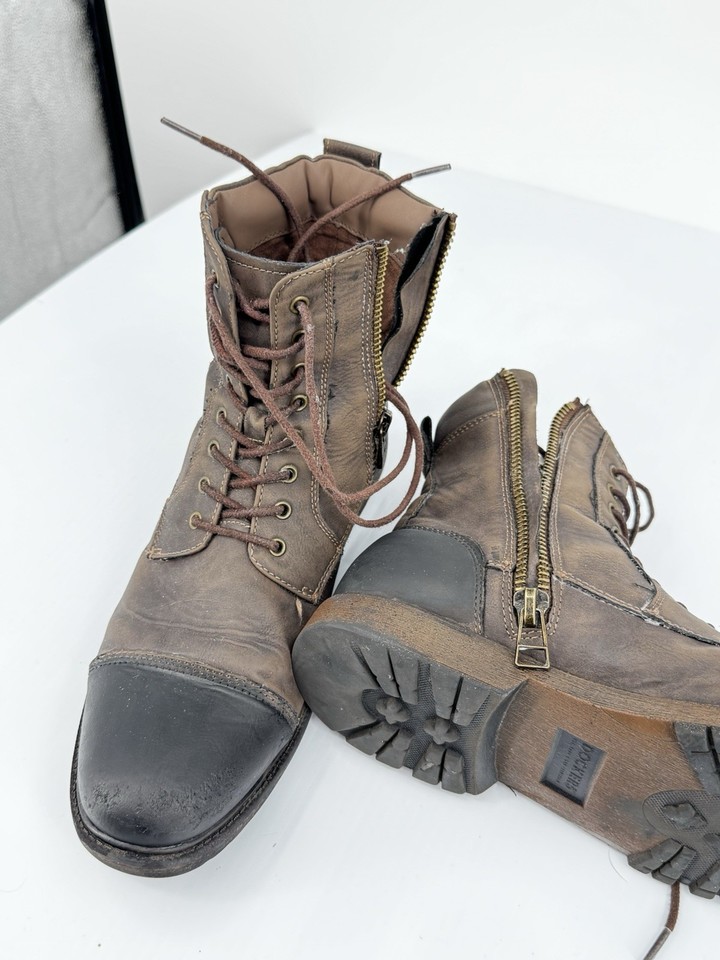 Dockers Men’s 10M Combat Boots Brown Cap Toe Lace-Up Zip Leather Look ...