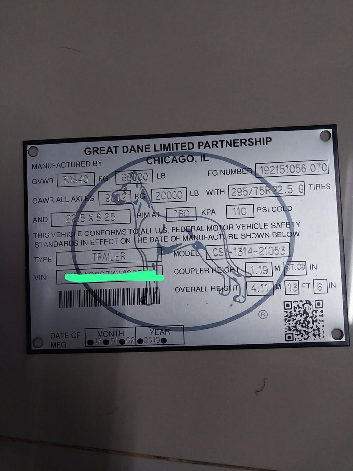 Aluminum Data Plate Fit For Great Dane Truck Trailers Engraved | Indonesia
