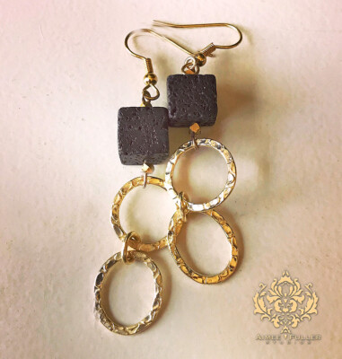 Basalt Black Lava Stone Cube Beads Long Gold Chain Hoop Statement Earrings | eBay