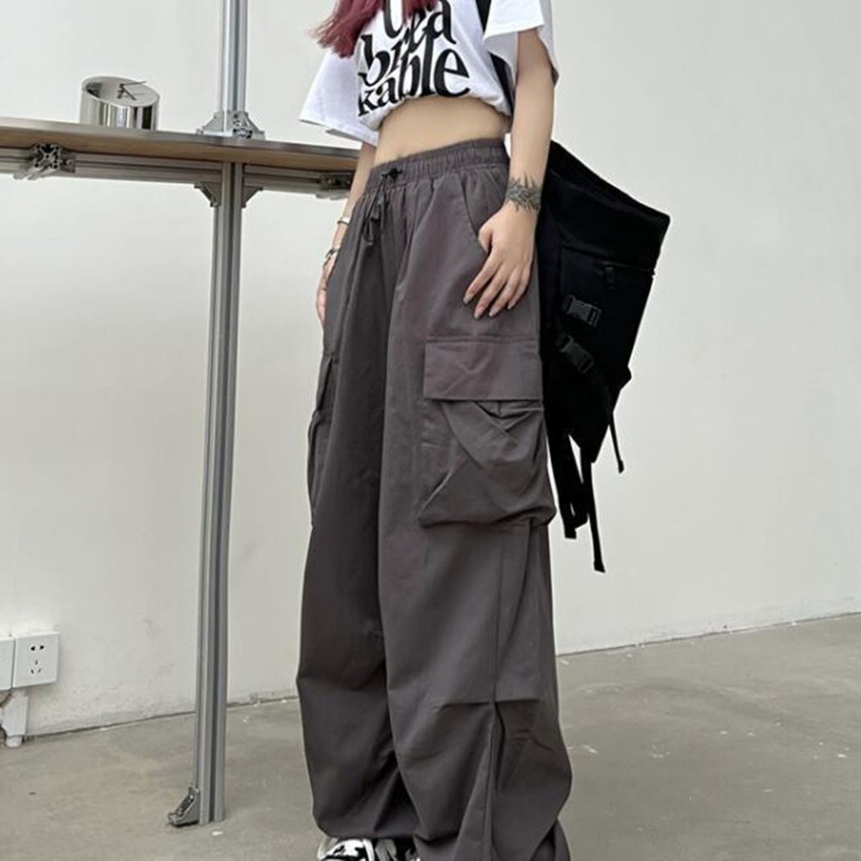 Pantaloni Albicocca Nero Donna Vintage Baggy Gamba Larga Tasche Cargo ...