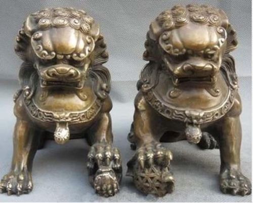 Antique China old Bronze Door Fengshui Guardion Fu Foo Dogs Lion Statue ...