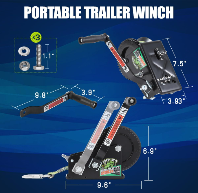 3500LB Boat Winch, Heavy Duty, 33FT Strap, 2-Way Ratchet, Hand Crank ...