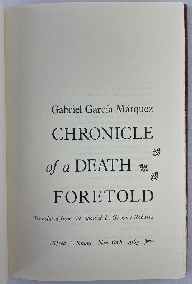 Chronicle of a Death Foretold, Gabriel García Márquez, 1983, 1st Ed ...