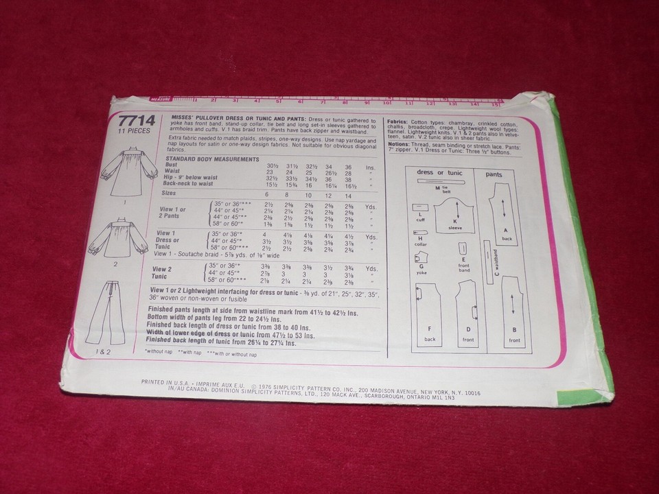 🌺 1976 SIMPLICITY #7714 - LADIES RETRO DRESS - TUNIC & PANTS PATTERN 12 ...