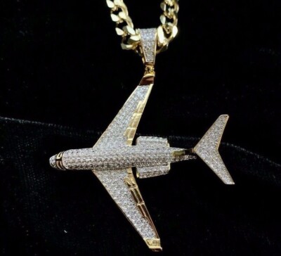 Solid 18K Gold Lab Diamonds PRIVATE JET Pendant Chain Necklace LIFETIME ...