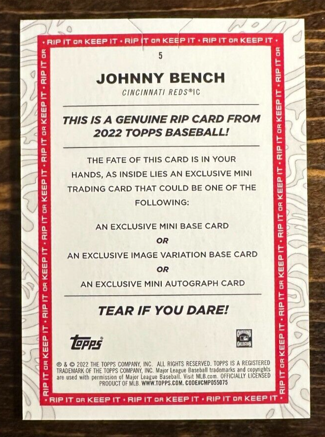 2022 Topps Rip Baseball #5 Johnny Bench Black parallel UNRIPPED 7/50 | eBay