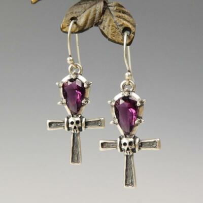 Handmade Sterling Silver Ankh Cross with Skull Purple CZ Drop Earrings ...