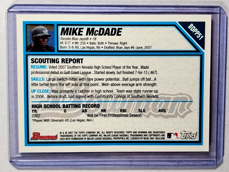 2007 Bowman Draft Gold #BDPP51 Mike McDade RC Rookie Toronto Blue Jays ...