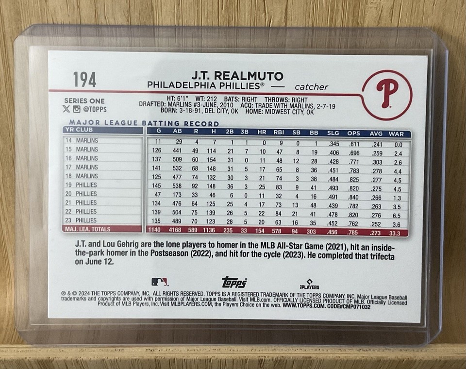 2024 TOPPS BASEBALL TEAM COLOR Border J.T. REALMUTO PHILADELPHIA ...