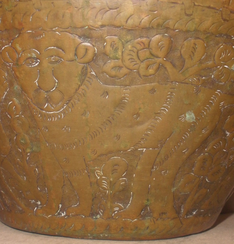 Antique 19th large jardiniere pot Judaica Hebrew decorated lion animals ...
