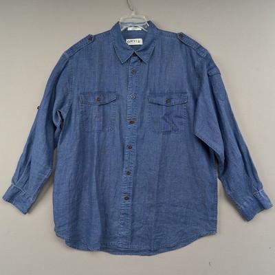 Orvis Safari Shirt Mens XL Blue Linen Button Front Utility Pockets ...