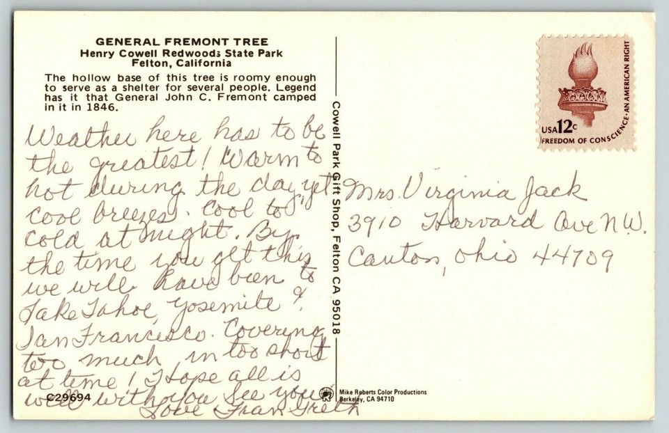 Postcard General Fremont Tree Henry Cowell Redwoods State Park ...