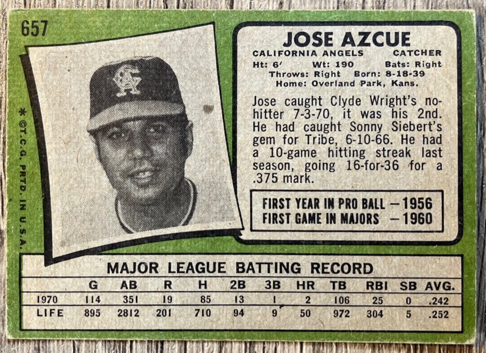 JOSE AZCUE 1971 TOPPS VINTAGE BASEBALL CARD #657 ANGELS | eBay