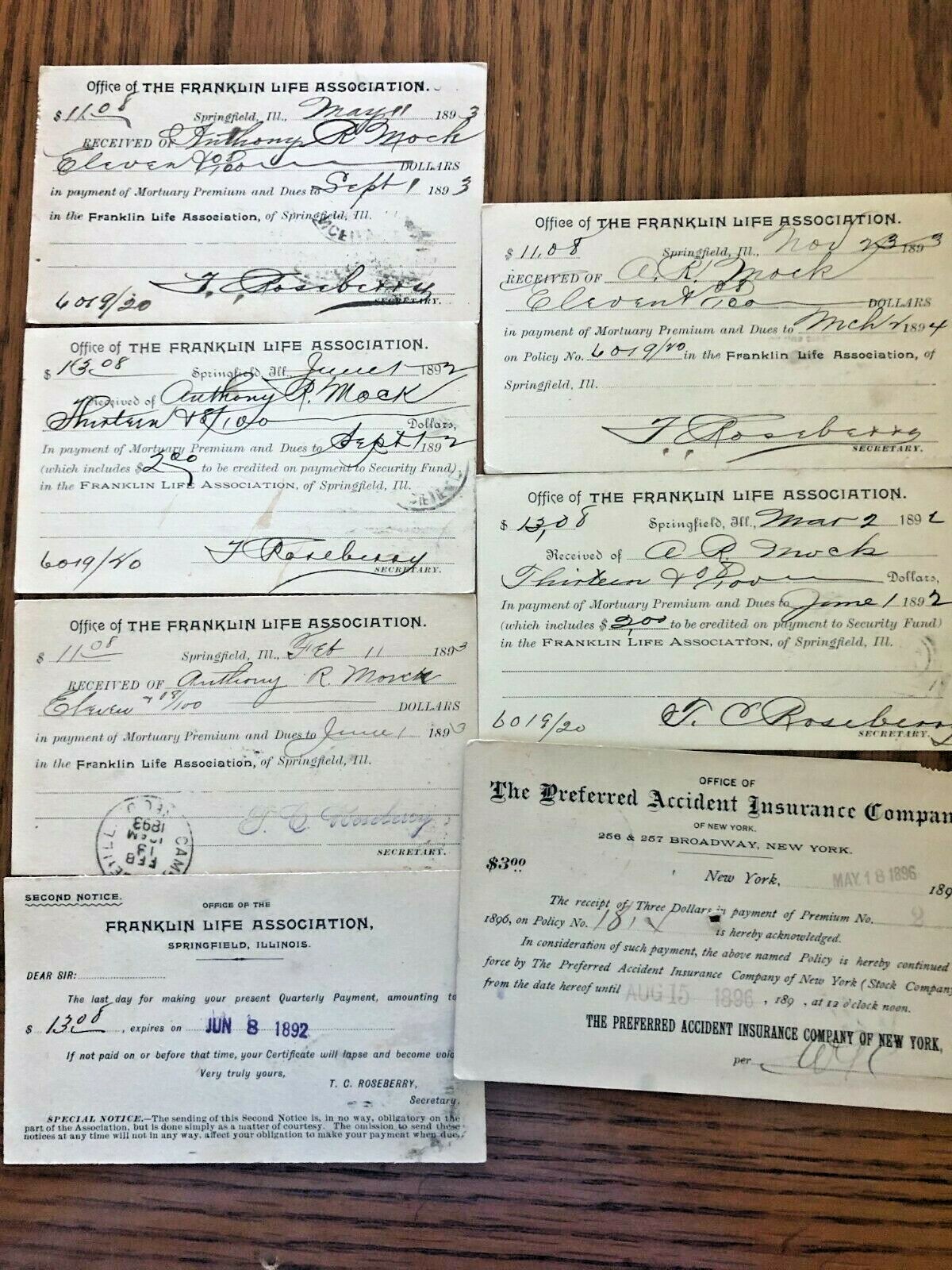 ANTIQUE LIFE INSURANCE DUES NOTICES 1800s, JUDGE ANTHONY R. MOCK, LOT ...