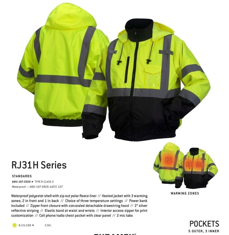 HEATED HIGH VISIBILITY INSULATED REFLECTIVE ROAD WORK HI VIS BOMBER ...