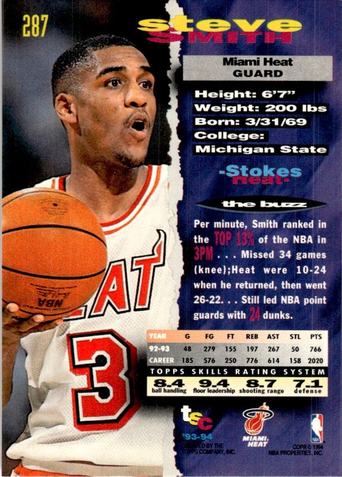 1993-94 Stadium Club Basketball Card Steve Smith Miami Heat #287 | eBay