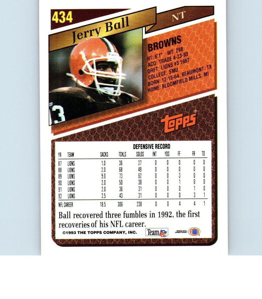 Jerry Ball 434 Browns 1993 Topps Football Trading Card | eBay