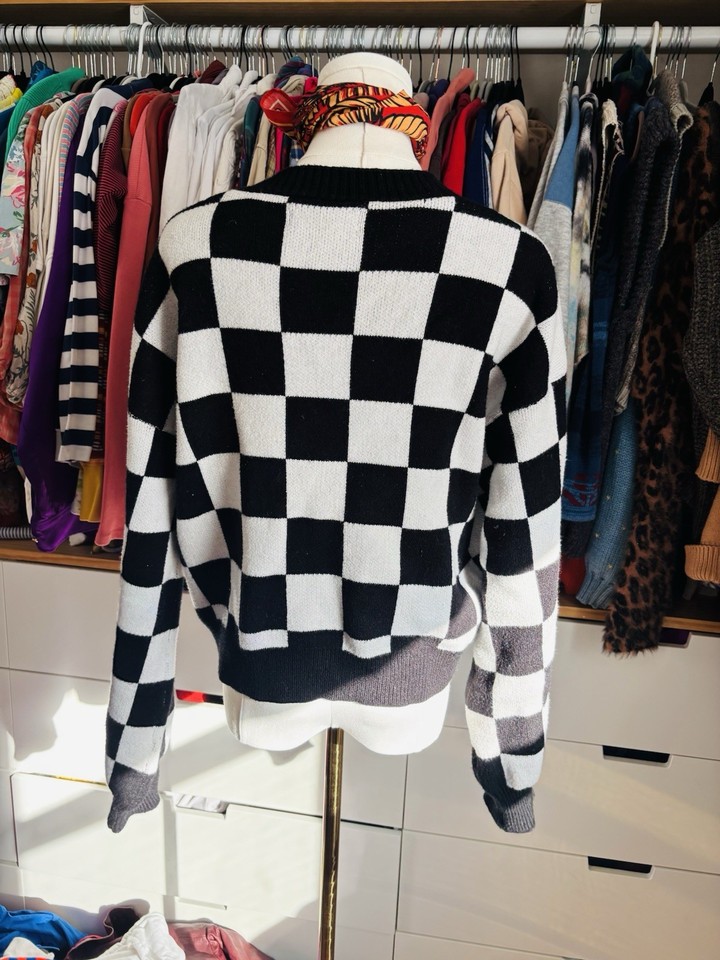 Retro Checkered Sweater Black And White Checkered Size XL Cotton | eBay