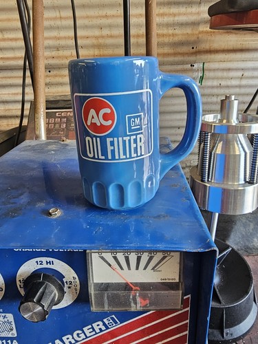 Vintage 1960s AC GM Oil Filter Ceramic Promotional Mug Blue White and ...