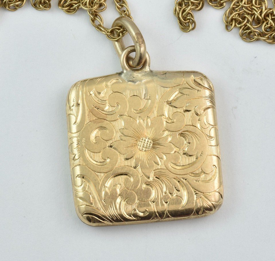10k Gold Square Engraved Locket 10k Rope Chain 22.5x22.5mm | eBay