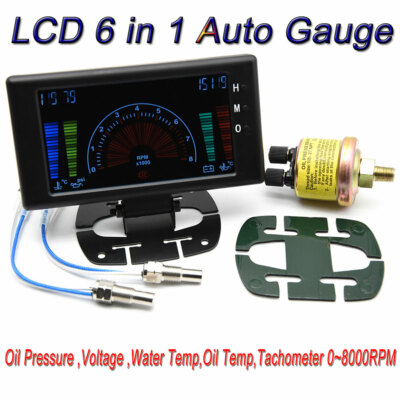 LCD Digital 6 in1 Car Water Oil Temp RPM Tach Meter Volts RPM Oil ...