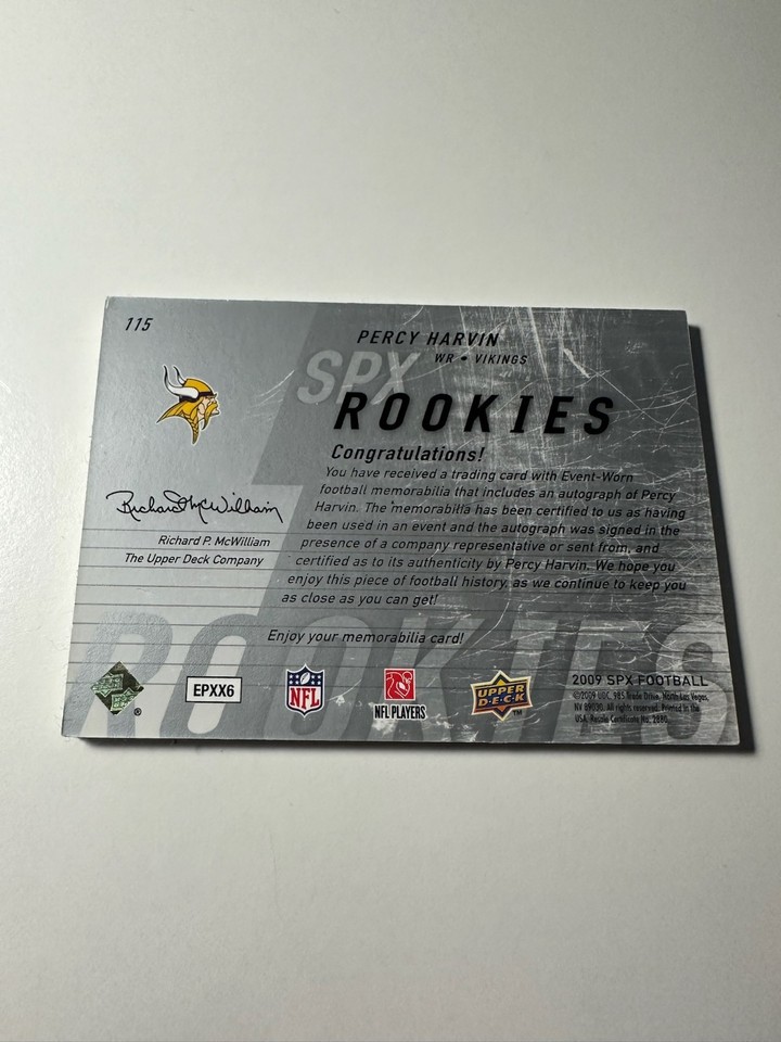 2009 Upper Deck SPx Percy Harvin Silver Triple Patch Auto /25 RC RPA ...