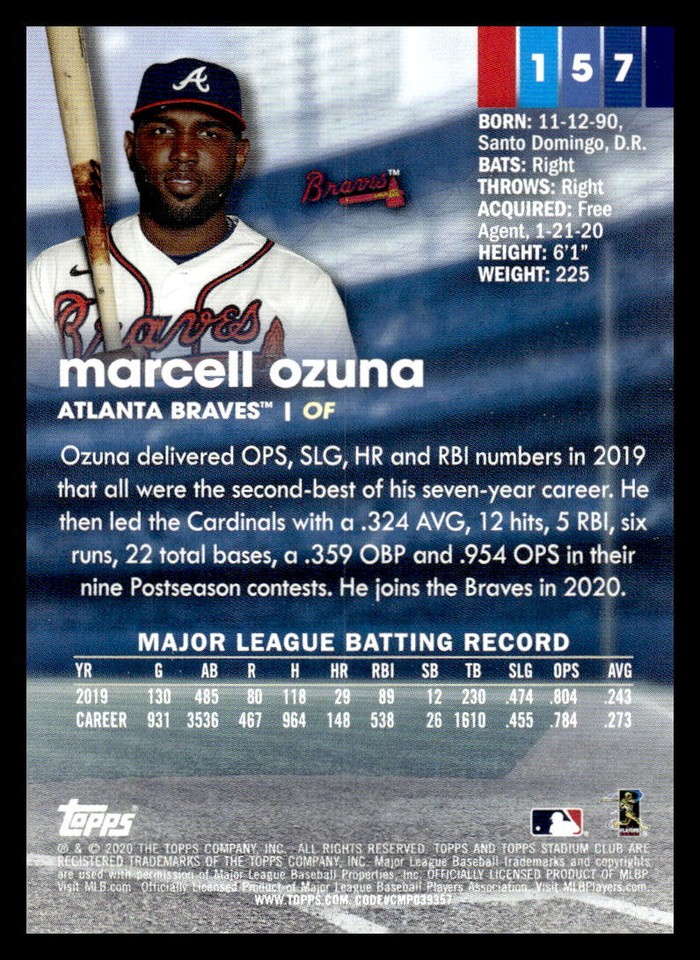 2020 Topps Stadium Club Marcell Ozuna 157 Atlanta Braves | eBay
