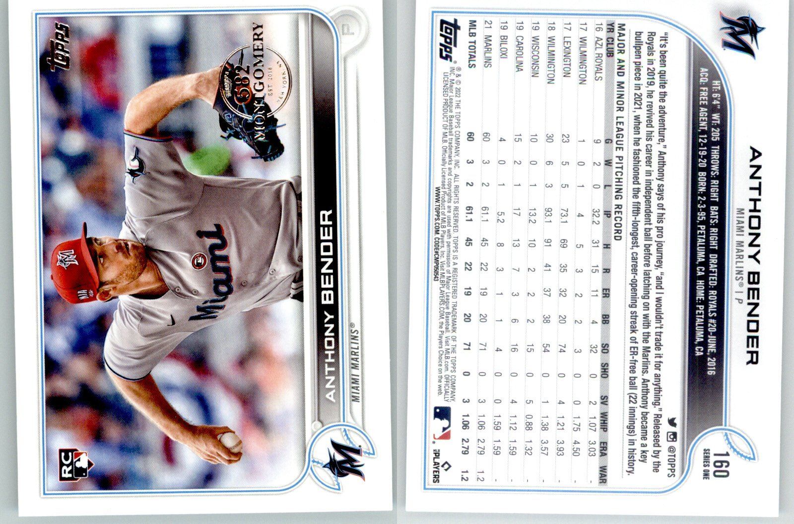 Anthony Bender 2022 Topps 582 Montgomery Stamped Set #160 Marlins RC ...