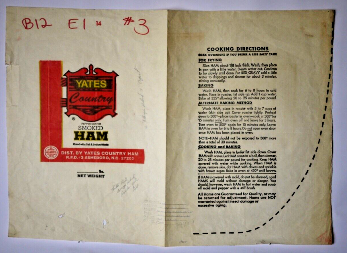Vintage Paper Sack Bag - YATES SMOKED HAM, YATES COUNTRY HAM, ASHEBORO ...