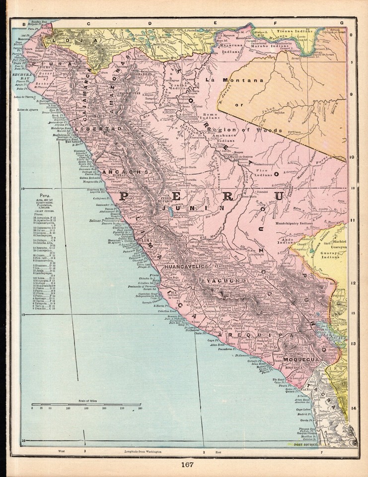 1899 Antique PERU Map George Cram Atlas Map of Peru South America 1644 ...
