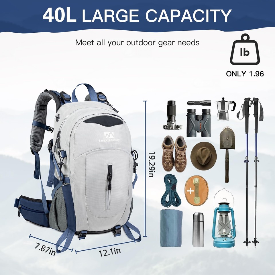 Hiking Backpack, 40L Waterproof Camping Backpack with Packable Back ...