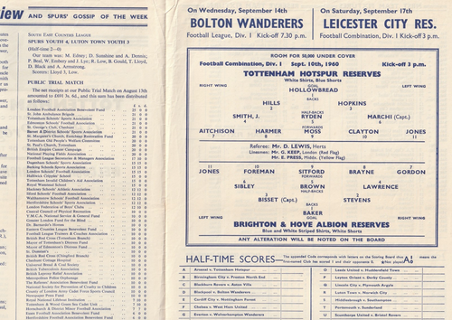 1960-1961 FOOTBALL COMBINATION : TOTTENHAM / SPURS v BRIGHTON RESERVES ...