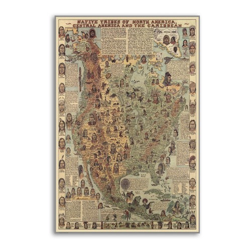 Vintage Native Tribes of North American MapCanvas Art Wall Painting ...