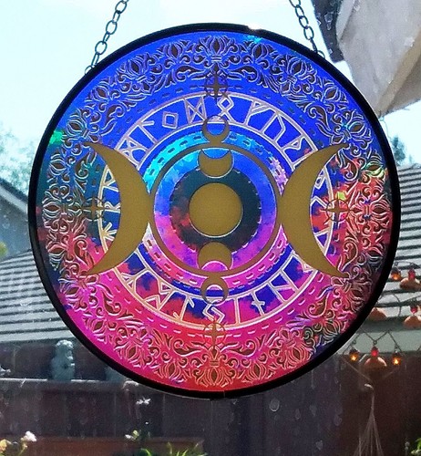 TRIPLE Moon SUNCATCHER, Stained Glass Suncatcher, PAGAN RUNE SUNCATCHER ...