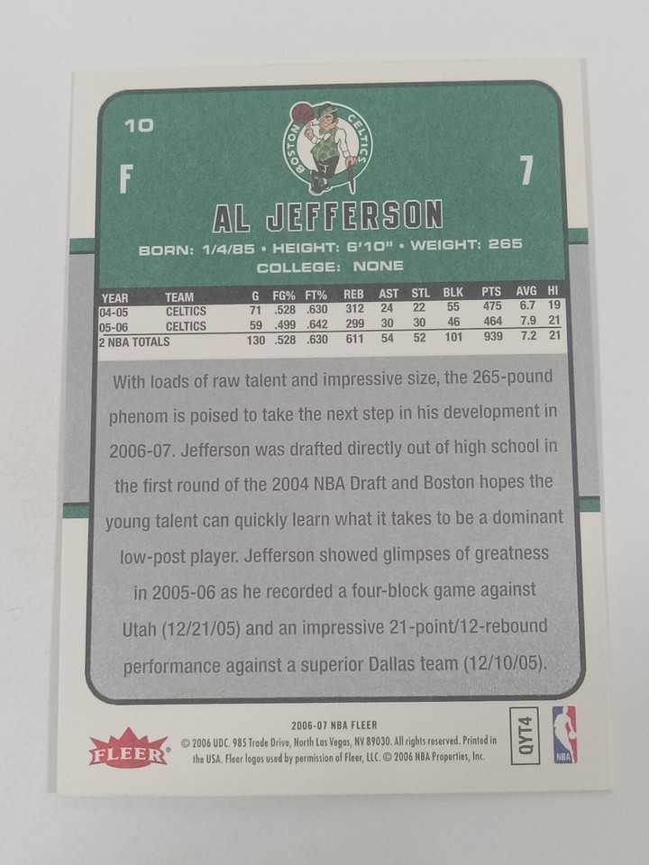 2006-07 Fleer NBA #10 Al Jefferson Boston Celtics | eBay