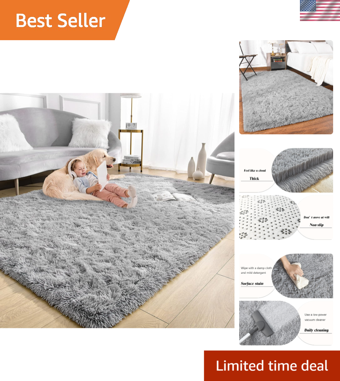 Fluffy Machine Washable 4x6 Grey Shag Rug - Perfect for Bedroom ...
