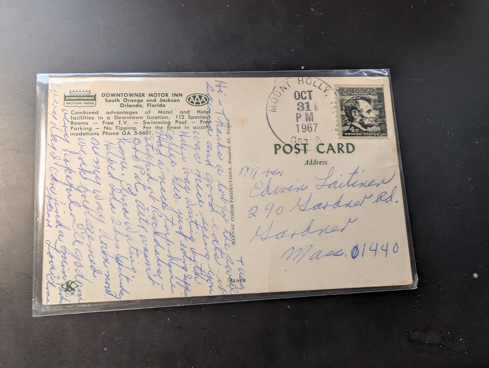 1967 Postcard- Downtowner Motor Inn-Orlando Florida w/Lincoln 4 cent ...