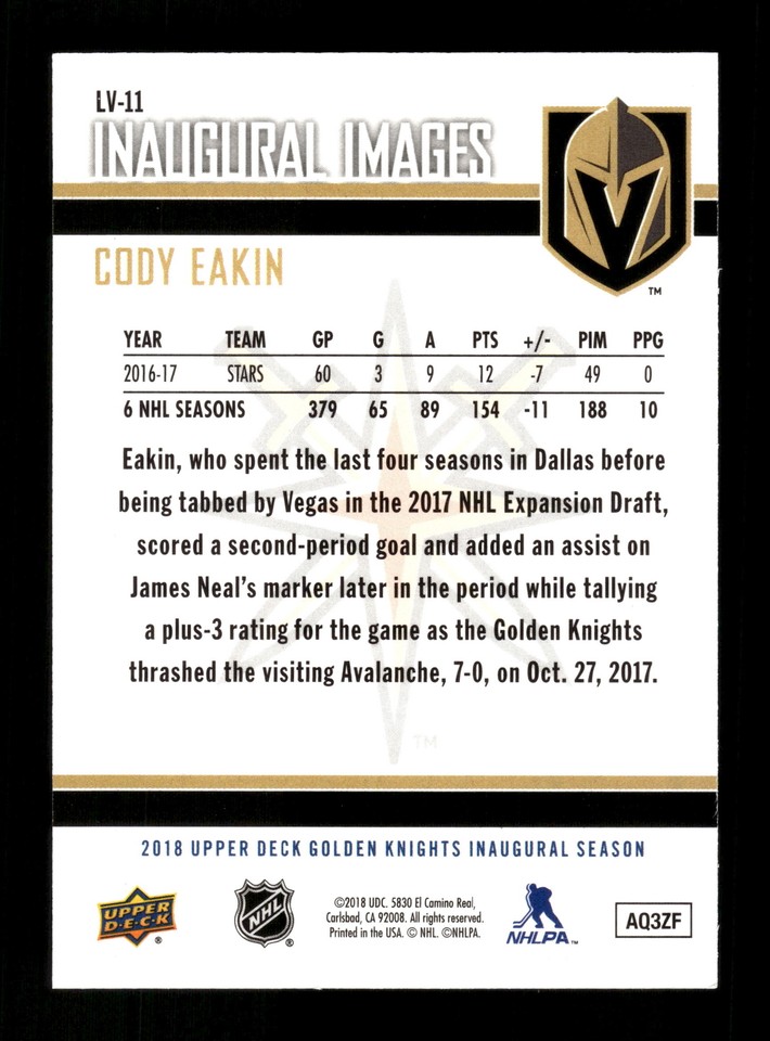 Cody Eakin 2017-18 Upper Deck #LV-11 VGK Golden Knights Inaugural ...
