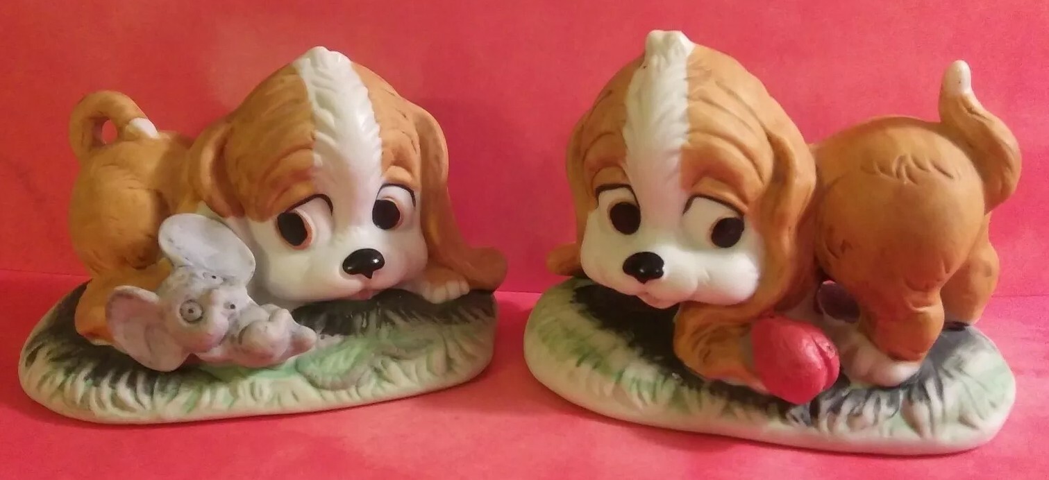 Vtg Pair of Cocker Spaniel Puppy Dog Figurines w/Ladybug & Mouse ~ Lego ...